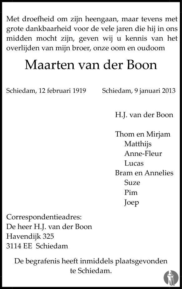Maarten van der Boon 09-01-2013 overlijdensbericht en condoleances ...