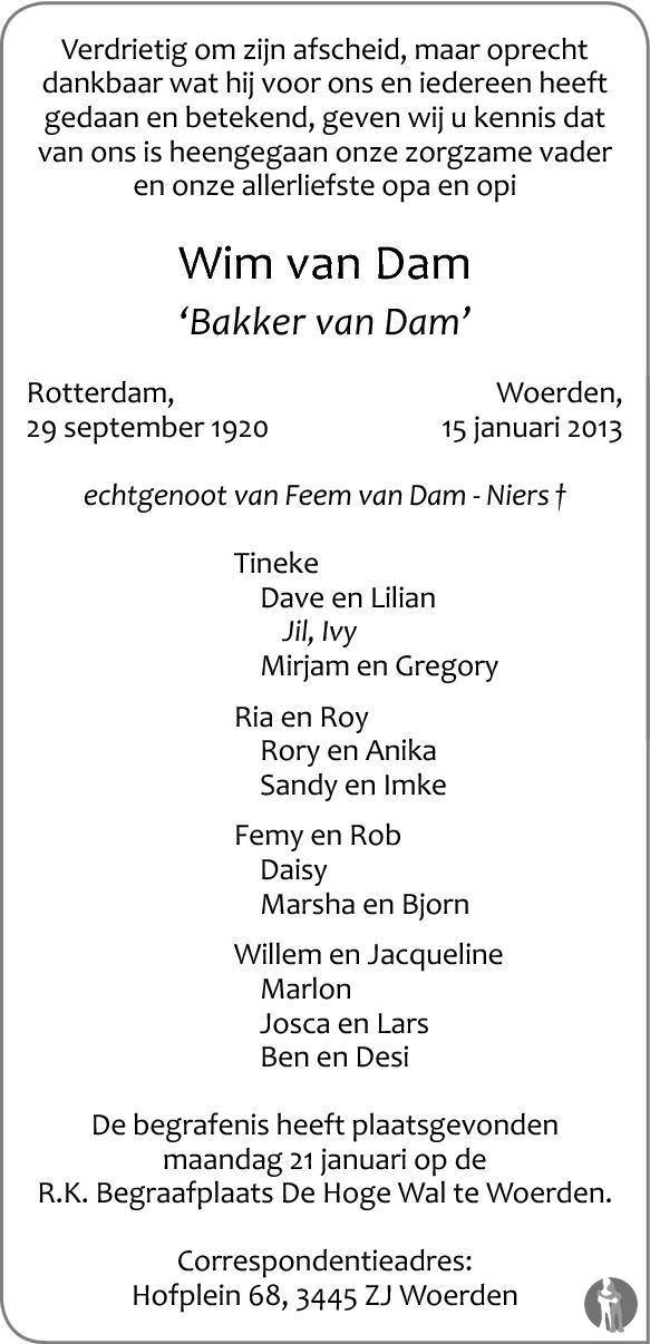Wim (Bakker van Dam) van Dam 15-01-2013 overlijdensbericht en ...