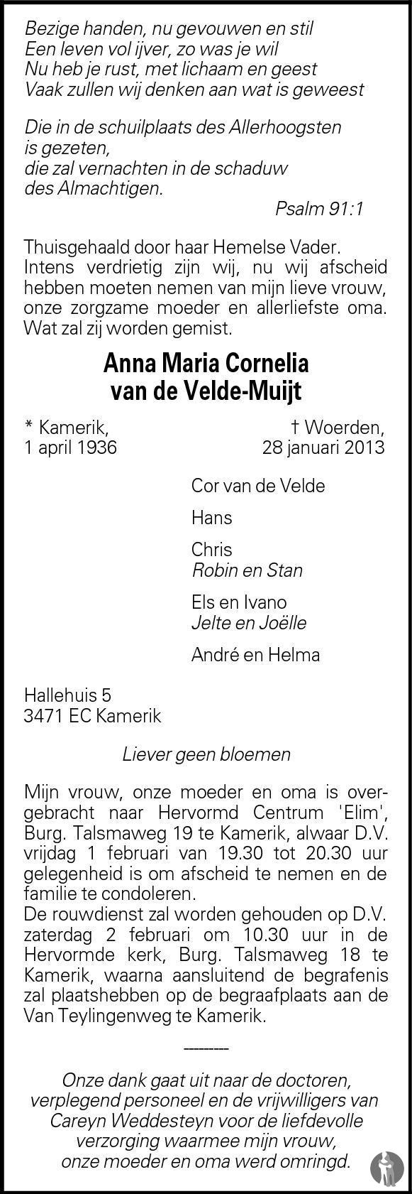 Anna Maria Cornelia van de Velde - Muijt 28-01-2013 overlijdensbericht ...