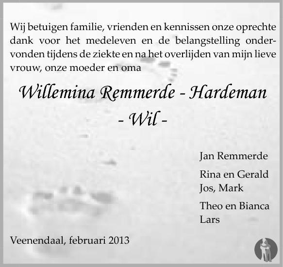 Willemina (Wil) Remmerde - Hardeman 23-12-2012 overlijdensbericht en ...