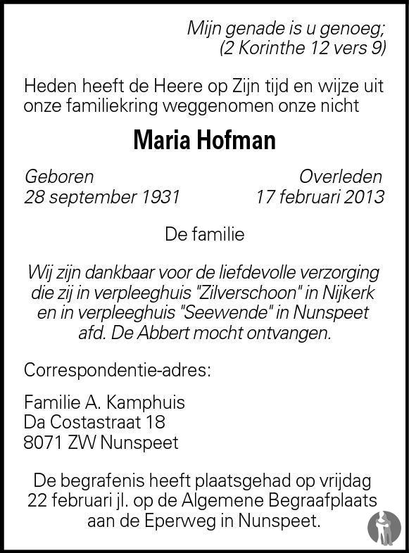 Maria Hofman 17-02-2013 overlijdensbericht en condoleances - Mensenlinq.nl