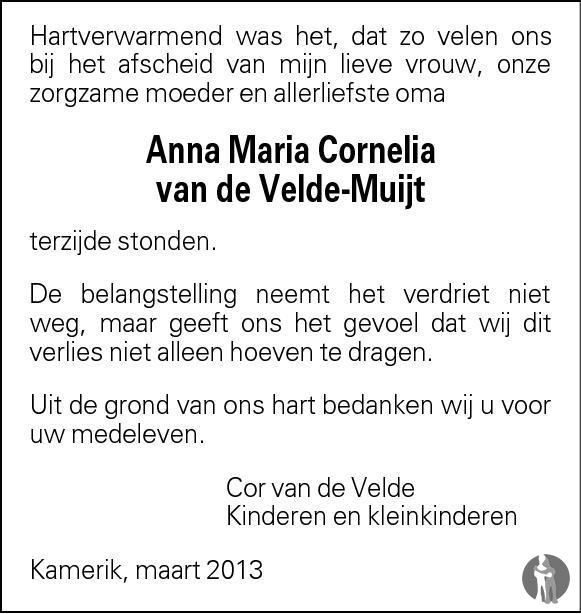 Anna Maria Cornelia van de Velde - Muijt 28-01-2013 overlijdensbericht ...
