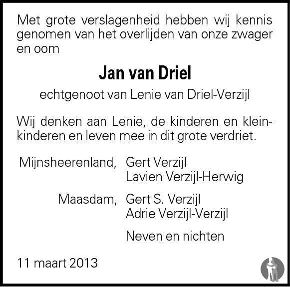 Jan van Driel 10-03-2013 overlijdensbericht en condoleances - Mensenlinq.nl