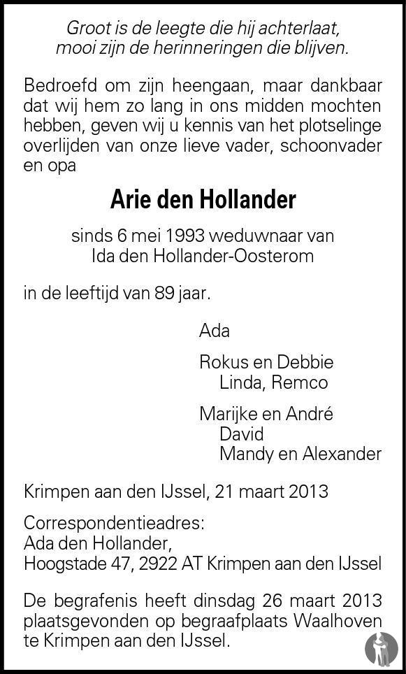 Arie den Hollander 21-03-2013 overlijdensbericht en condoleances ...