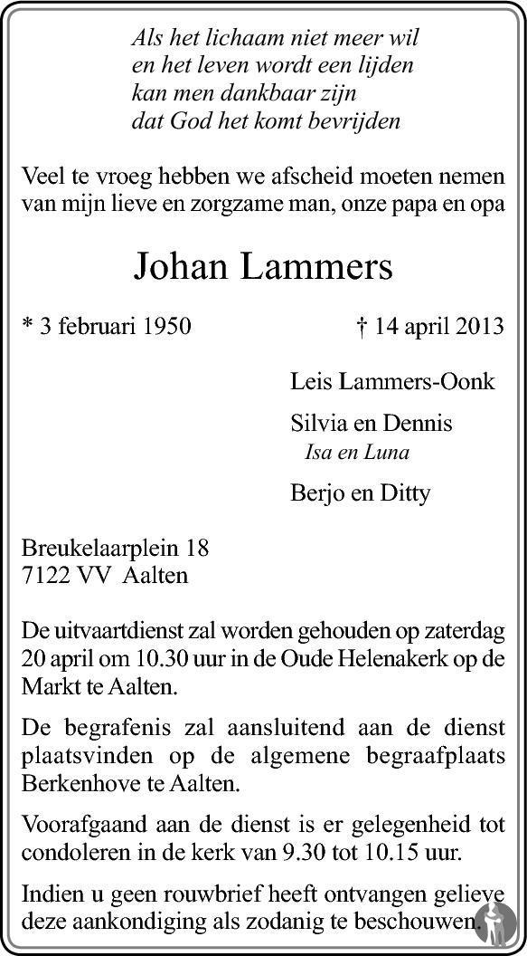 Johan Lammers 14-04-2013 overlijdensbericht en condoleances - Mensenlinq.nl