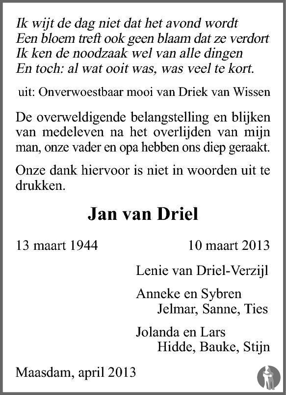 Jan van Driel 10-03-2013 overlijdensbericht en condoleances - Mensenlinq.nl