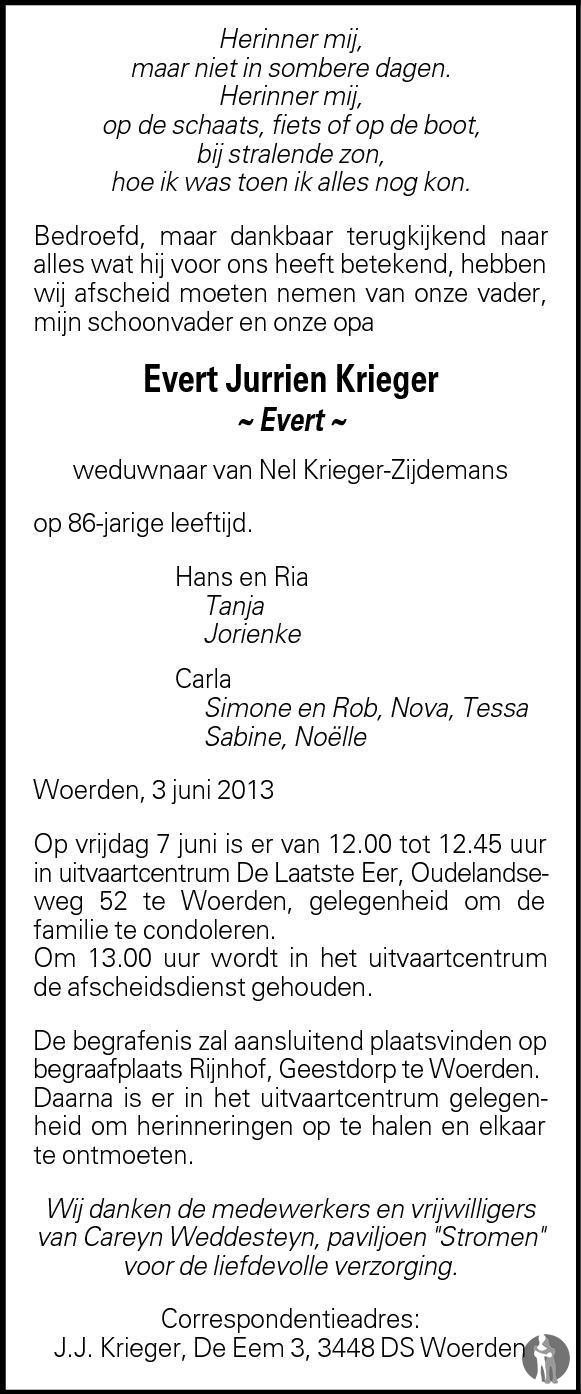 Evert Jurrien (Evert) Krieger 03-06-2013 overlijdensbericht en ...