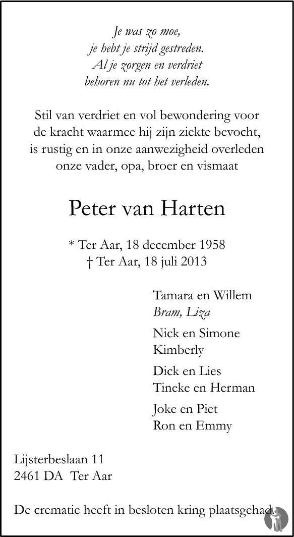 Peter van Harten 18-07-2013 overlijdensbericht en condoleances ...