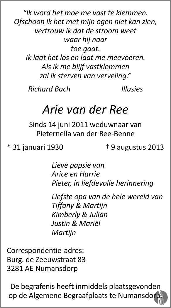 Arie van der Ree 09-08-2013 overlijdensbericht en condoleances ...