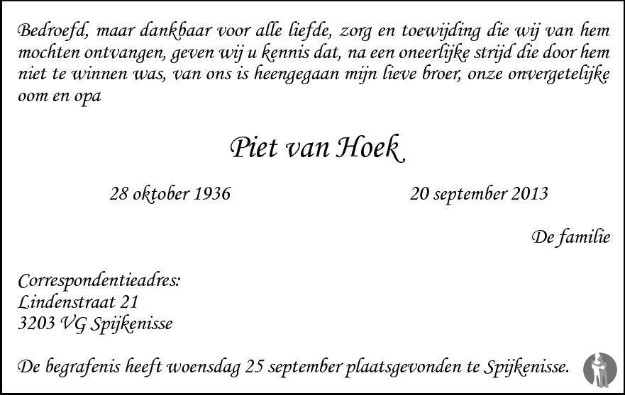 Piet van Hoek 20-09-2013 overlijdensbericht en condoleances - Mensenlinq.nl