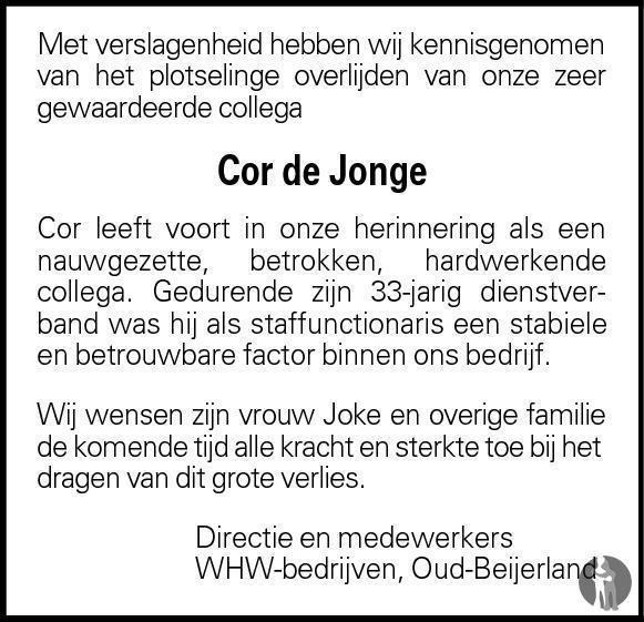 Cor de Jonge 07-10-2013 overlijdensbericht en condoleances - Mensenlinq.nl