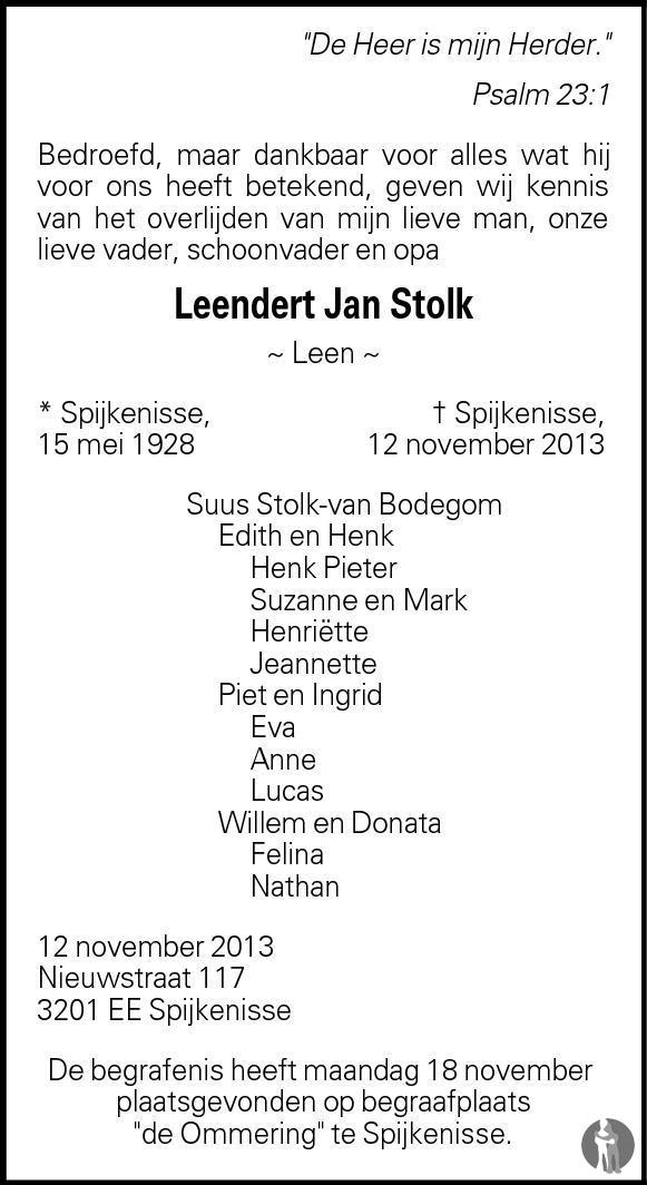 Leendert Jan (Leen) Stolk 12-11-2013 overlijdensbericht en condoleances ...