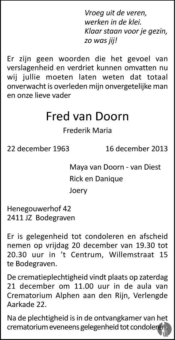 Frederik Maria (Fred) van Doorn 16-12-2013 overlijdensbericht en ...