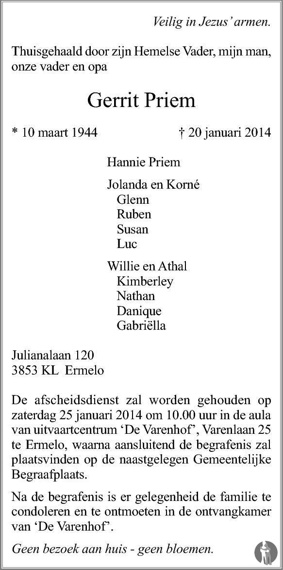 Gerrit Priem 20-01-2014 overlijdensbericht en condoleances - Mensenlinq.nl