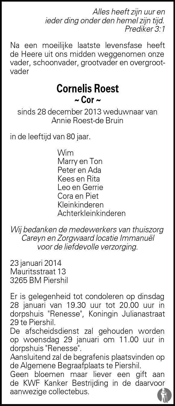 Cornelis (Cor) Roest 23-01-2014 overlijdensbericht en condoleances ...