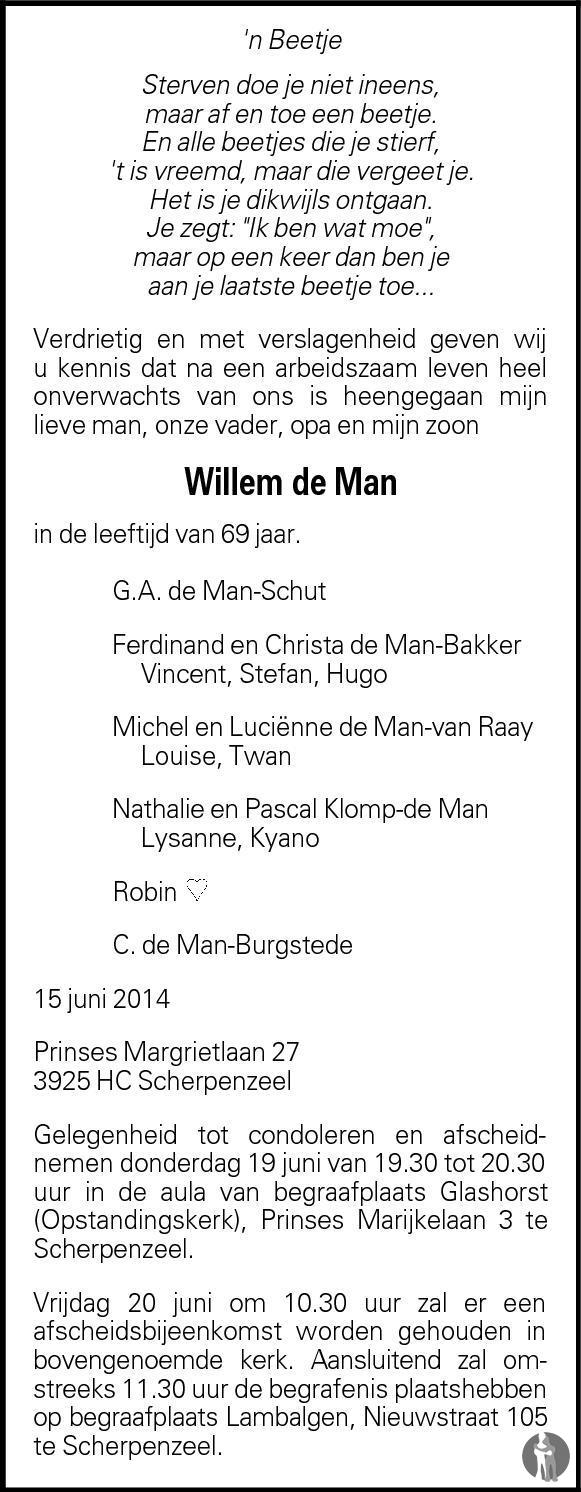 Willem de Man 15-06-2014 overlijdensbericht en condoleances - Mensenlinq.nl