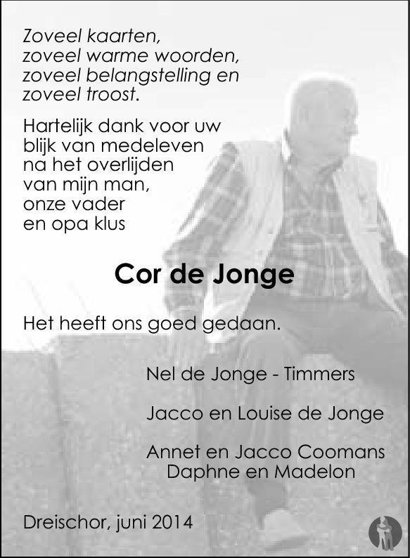 Cornelis (Cor) de Jonge 13-05-2014 overlijdensbericht en condoleances ...