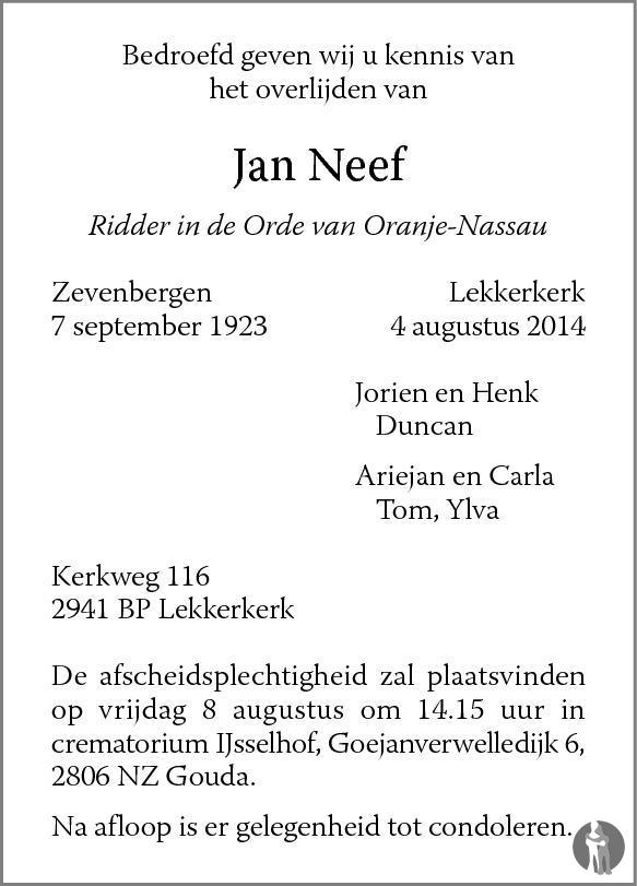 Jan Neef 04-08-2014 overlijdensbericht en condoleances - Mensenlinq.nl