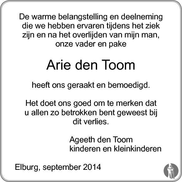 Arie den Toom 23-07-2014 overlijdensbericht en condoleances - Mensenlinq.nl