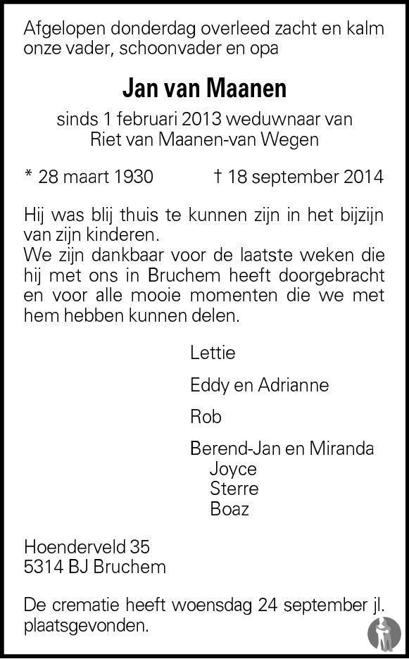 Jan van Maanen 18-09-2014 overlijdensbericht en condoleances ...