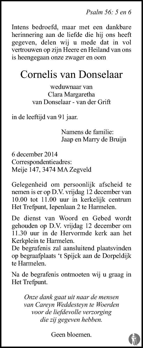 Cornelis van Donselaar 06-12-2014 overlijdensbericht en condoleances - Mensenlinq.nl