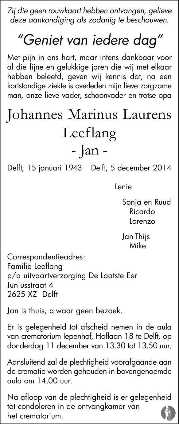 Johannes Marinus Laurens (Jan) Leeflang 05-12-2014 overlijdensbericht ...