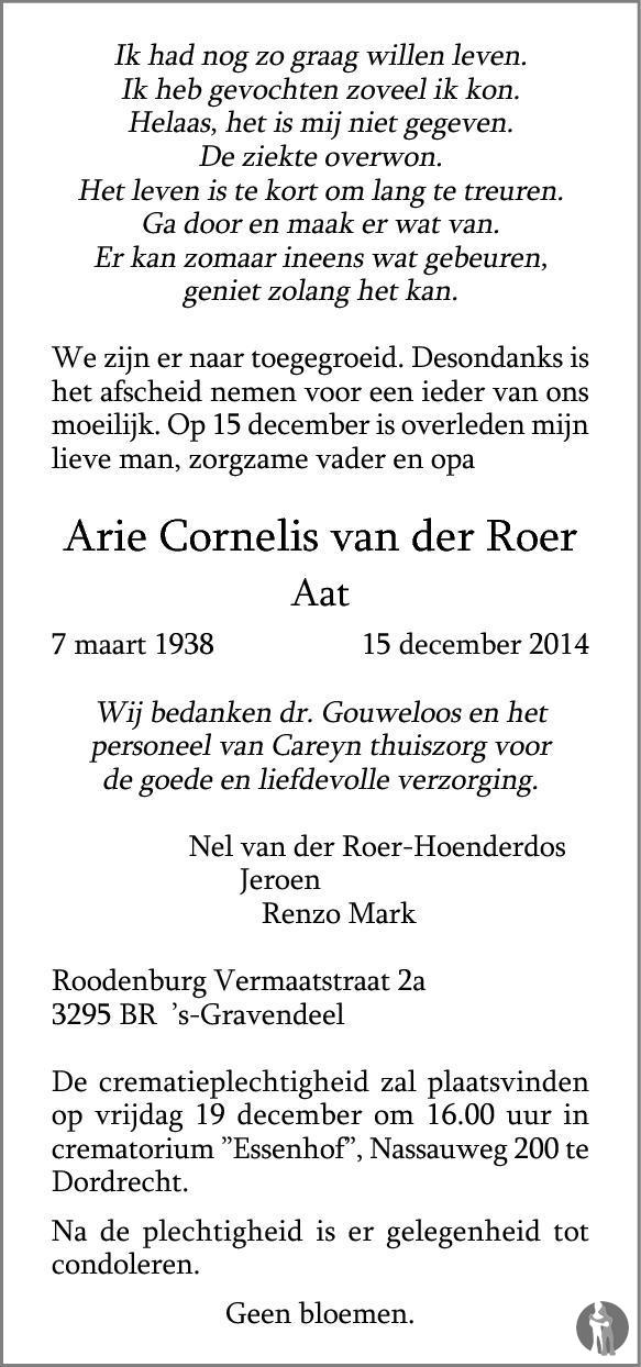 Arie Cornelis (Aat) van der Roer 15-12-2014 overlijdensbericht en ...