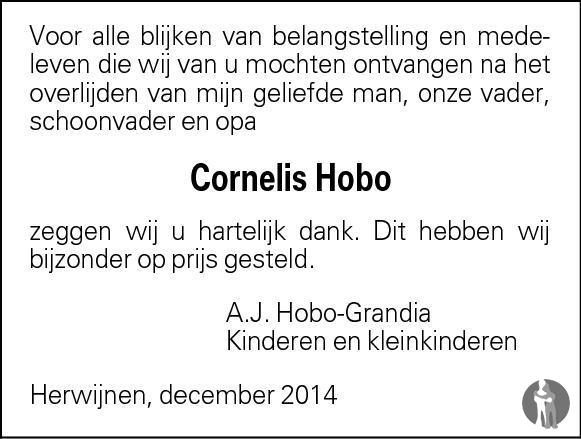 Cornelis Hobo 30-12-2014 overlijdensbericht en condoleances - Mensenlinq.nl