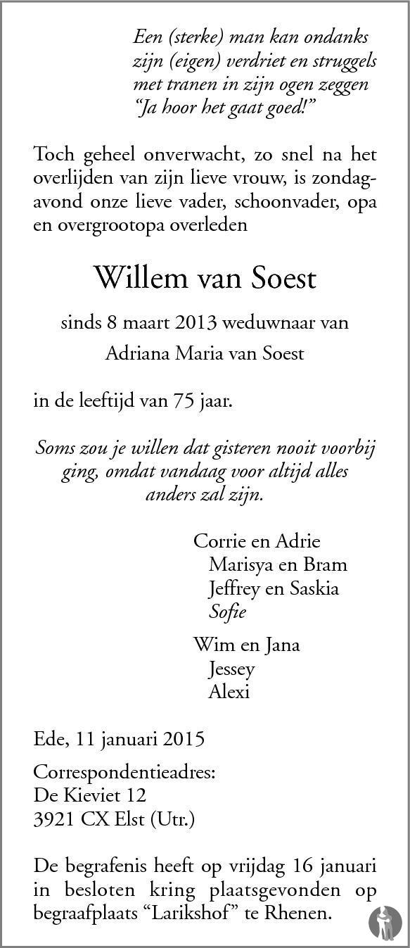 Willem van Soest 11-01-2015 overlijdensbericht en condoleances ...
