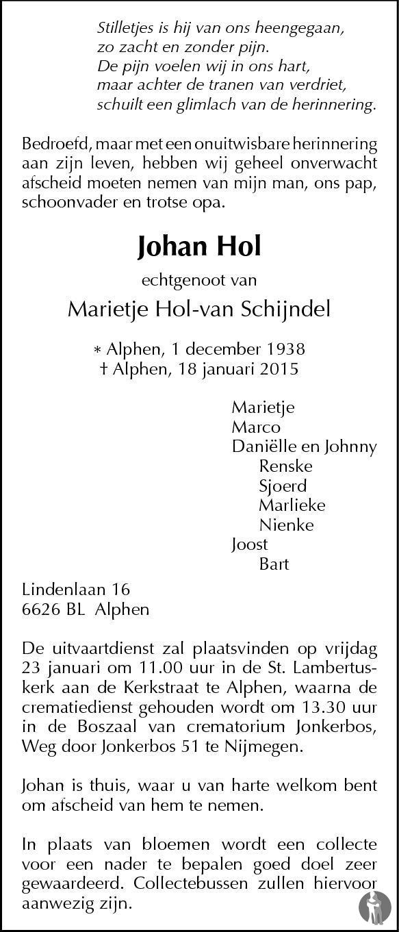 Johan Hol 18-01-2015 overlijdensbericht en condoleances - Mensenlinq.nl