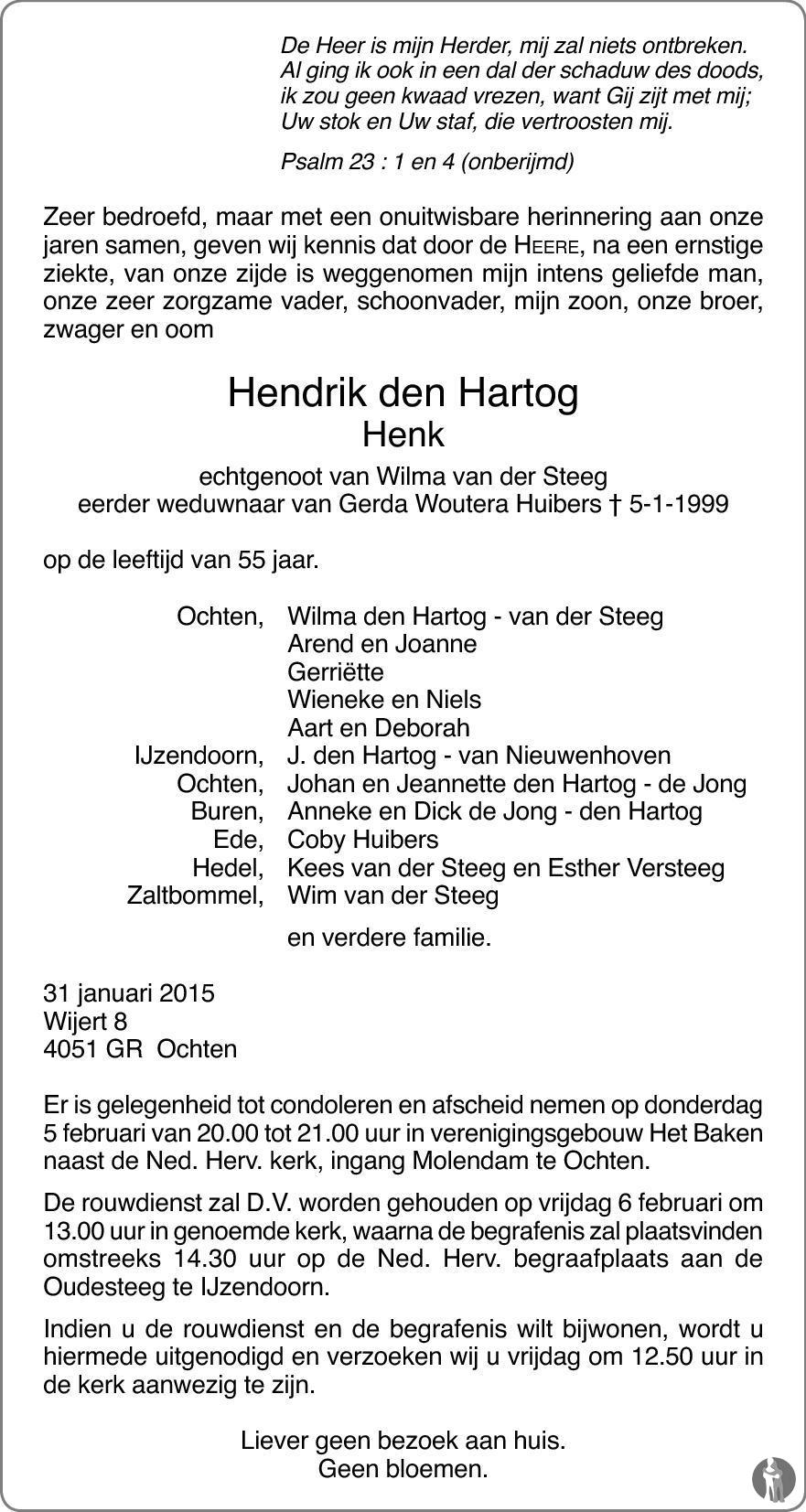 Hendrik (Henk) den Hartog 31-01-2015 overlijdensbericht en condoleances ...