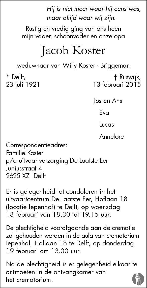 Jacob Koster 13-02-2015 overlijdensbericht en condoleances - Mensenlinq.nl