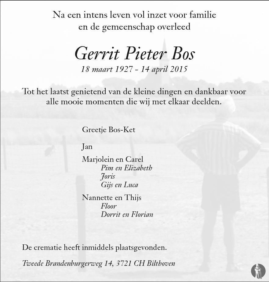 Gerrit Pieter Bos 14-04-2015 overlijdensbericht en condoleances ...