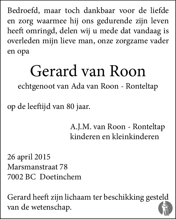 Gerard van Roon 26-04-2015 overlijdensbericht en condoleances ...