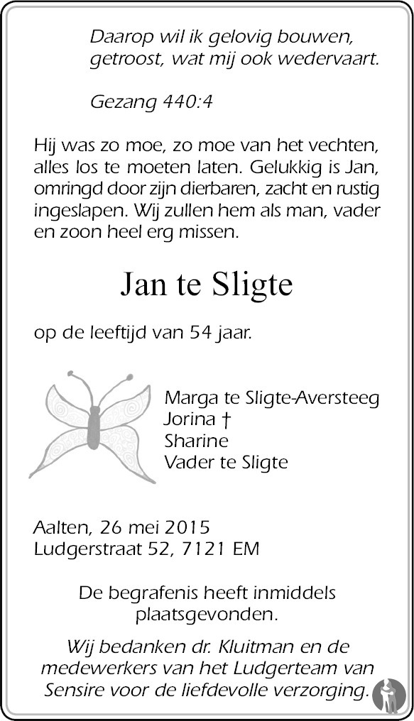 Jan te Sligte 26-05-2015 overlijdensbericht en condoleances - Mensenlinq.nl
