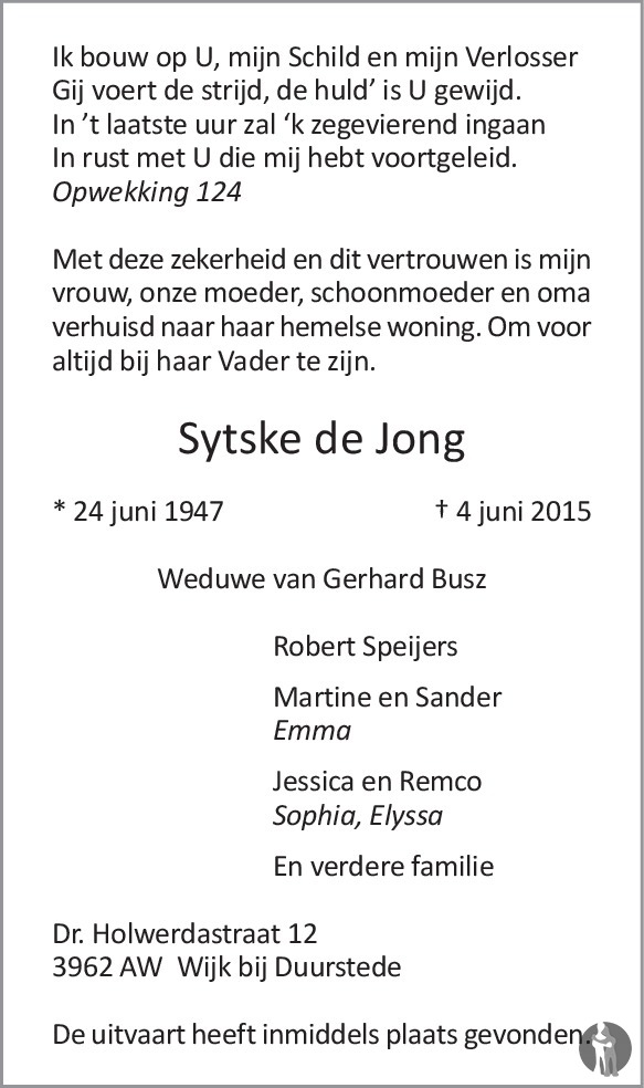 Sytske de Jong 04-06-2015 overlijdensbericht en condoleances ...