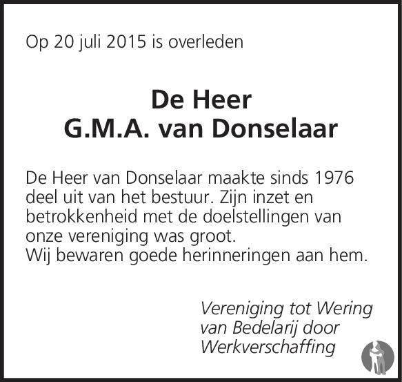 Gerrit Marinus Antonie (Gerie) van Donselaar 20-07-2015 overlijdensbericht en condoleances ...