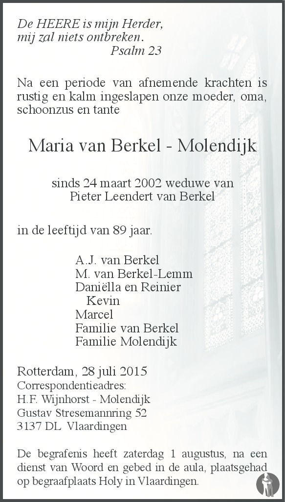 Maria van Berkel - Molendijk 28-07-2015 overlijdensbericht en ...
