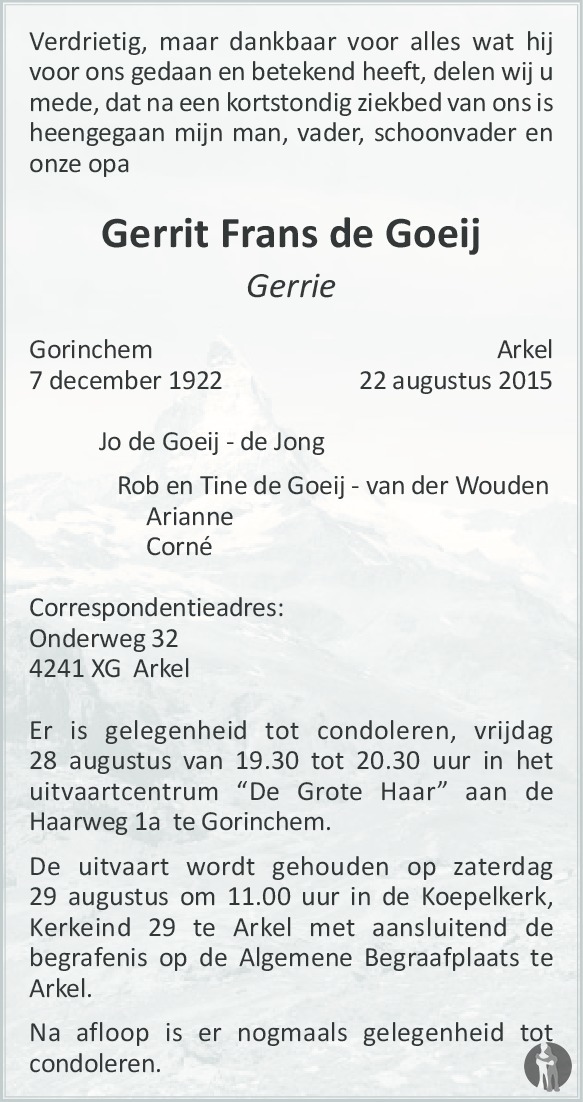 Gerrit Frans (gerrie) de Goeij 22-08-2015 overlijdensbericht en condoleances - Mensenlinq.nl