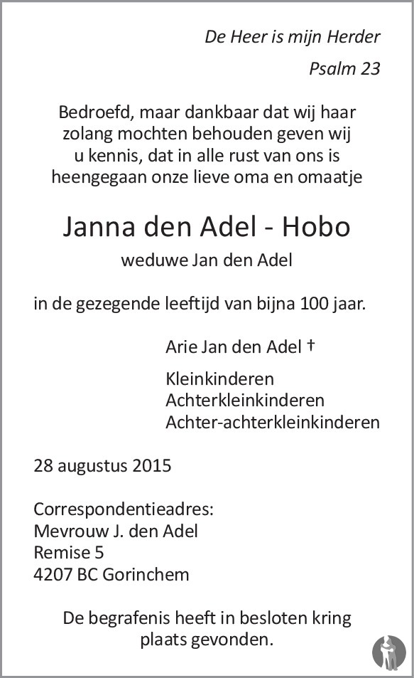 Janna den Adel - Hobo 28-08-2015 overlijdensbericht en condoleances ...