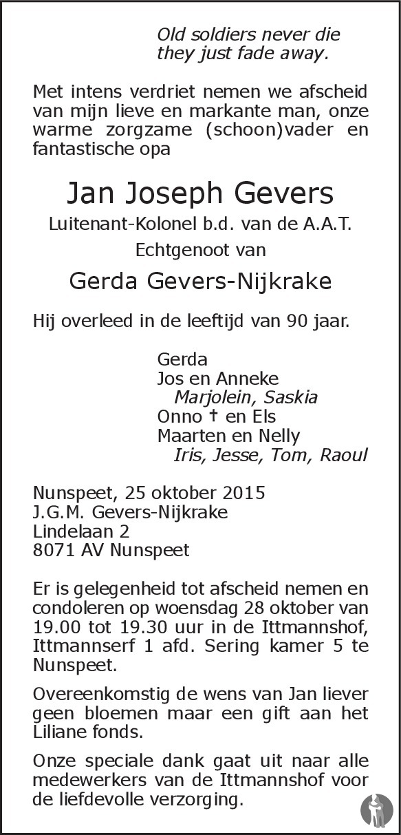 Jan Joseph Gevers 25-10-2015 overlijdensbericht en condoleances ...