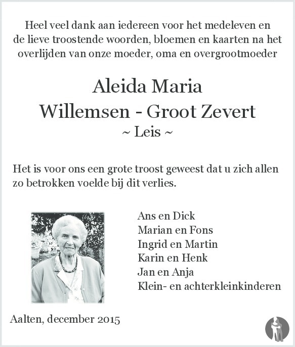 Aleida Maria (Leis) Willemsen - Groot Zevert 05-11-2015 ...