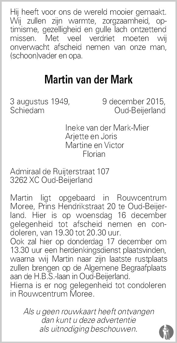 Martin van der Mark 09-12-2015 overlijdensbericht en condoleances ...