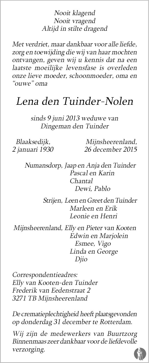 Lena den Tuinder - Nolen 26-12-2015 overlijdensbericht en condoleances ...