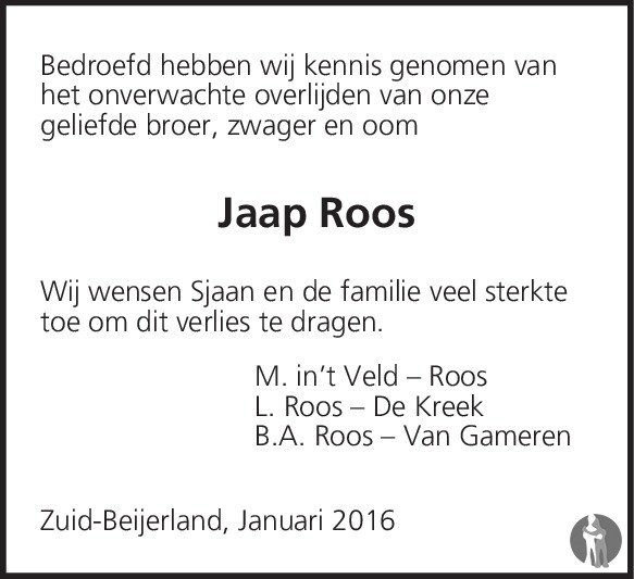 Jacob (Jaap) Roos 12-01-2016 overlijdensbericht en condoleances ...