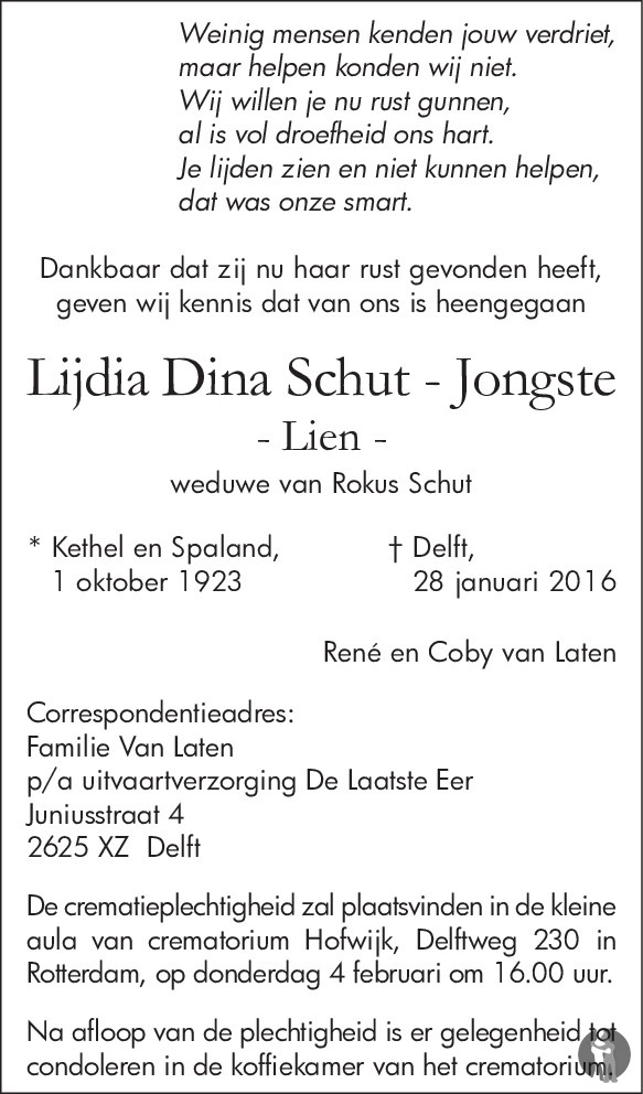 Lijdia Dina (Lien) Schut - Jongste 28-01-2016 overlijdensbericht en ...