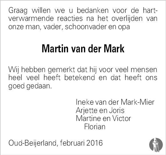 Martin van der Mark 09-12-2015 overlijdensbericht en condoleances ...