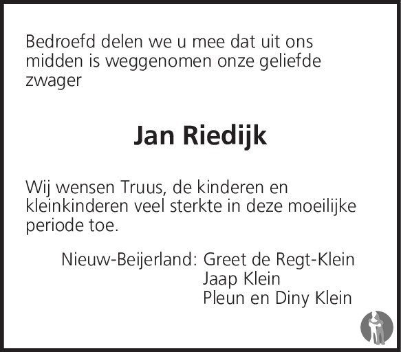 Jan Riedijk 28-02-2016 overlijdensbericht en condoleances - Mensenlinq.nl