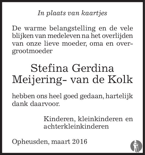 Stefina Gerdina Meijering Van De Kolk 16 03 2016 Overlijdensbericht En Condoleances