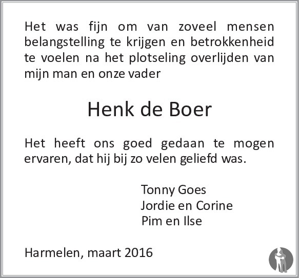 Henk de Boer 29-03-2016 overlijdensbericht en condoleances - Mensenlinq.nl